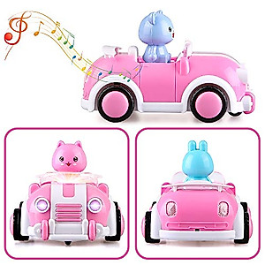 Pink Cartoon Remote Control Race Car with Music, Lights, and Animal Gift - Ideal Electric Toy for Toddlers, Kids, Boys, and Girls