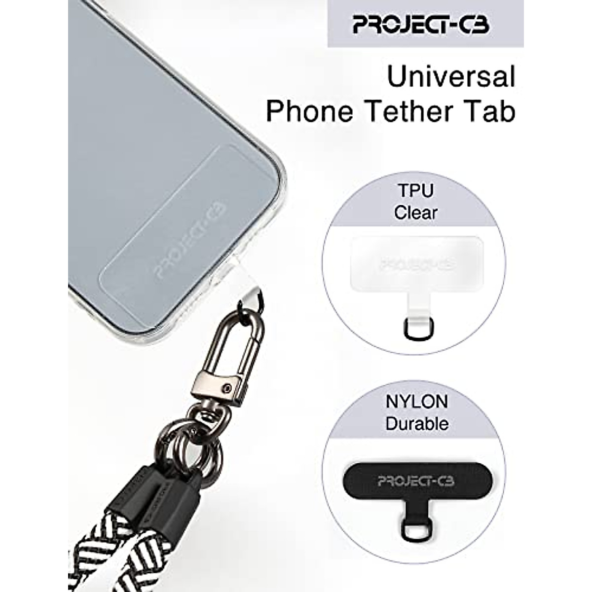 project-cb Phone Tether Tab 2 Pack,Universal Phone Lanyard Patch Without Adhesive,Phone Strap Replacement Part for Cell Phone (Black&Clear)