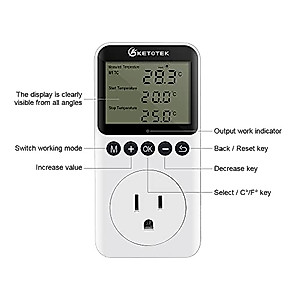 KETOTEK Digital Temperature Controller Outlet Day Night Thermostat Plug Socket Heating Cooling Temp Controller with Sensor Timer Regulator for Reptile Greenhouse Brewing Refrigerator