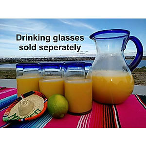 Mexican Hand Blown Glass Pitcher – Cobalt Blue Rim and Handle (84 oz)