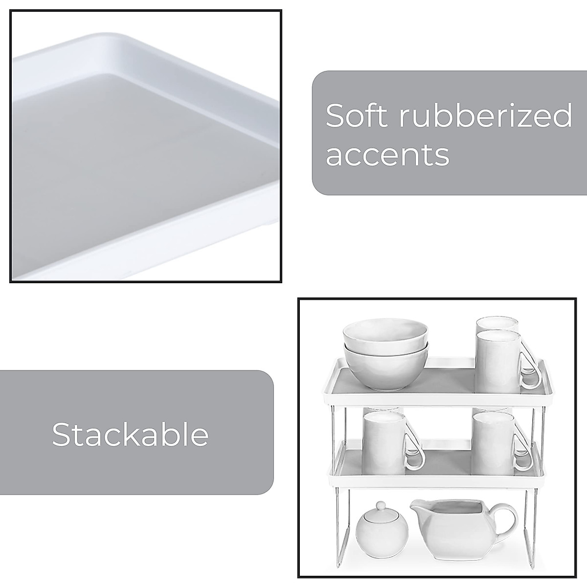 Smart Design Stackable Cabinet Shelf - Non-Slip Lining and Feet - BPA Free - Cupboard, Counter, Pantry, Storage, Kitchen Organizer - White with Gray