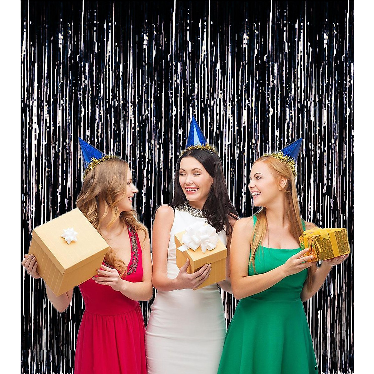 3 Packs 3.2ft x 6.6ft Black Metallic Tinsel Foil Fringe Curtains Photo Booth Props for Birthday Wedding Engagement Bridal Shower Baby Shower Bachelorette Holiday Celebration Party Decorations