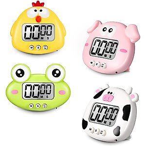 4 Pieces Cute Cartoon Animal Digital Timers Small Digital Kitchen Timers Countdown Timers with Magnetic Backs and ON/Off Switches Decorative Cooking Timers for Kitchen Cooking Accessories, 4 Styles