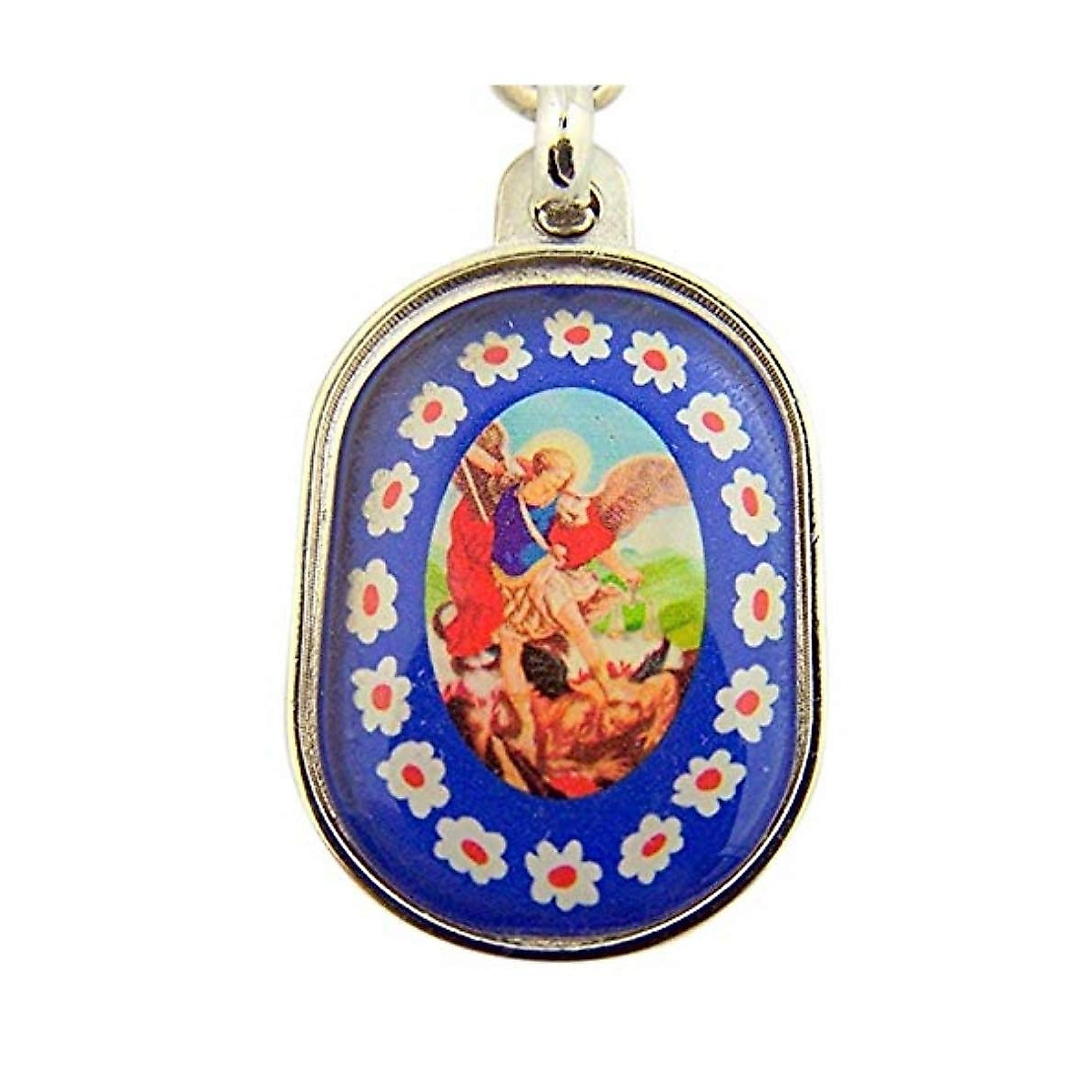 Religious Gifts Mens Womens Catholic Gift Silver Tone Blue Enamel Flower Design Border Archangel Saint St Michael Travel Protection Oval Shape Key Ring