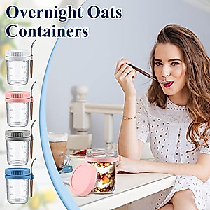 Dandat 8 Pieces Overnight Oats Containers with Lids and Spoons Measurement Marks 12 oz Glass Overnight Oats Jars with 4 Insulated Lunch Bag for Food Women Cereal Milk Vegetable Fruit Salad