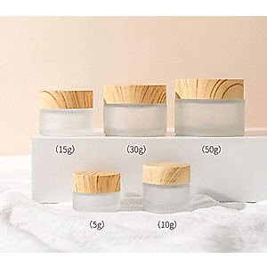 5 Pack 5g/10g/15g/30g/50g Frosted Glass Cream Jar,Empty Makeup Cosmetics Container Jar Pot With Wood Grain Lid for Face Cream Cosmetic Eye Shadow-FREE 5 Plastic Pick Stick