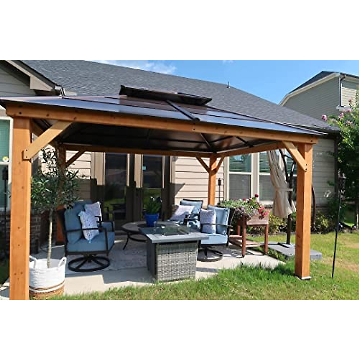 Sunjoy Hardtop Gazebo 11' X 13' Cedar Framed Wood Gazebo with Brown Double Steel Hardtop Roof Permanent Canopy for Garden, Backyard Shade