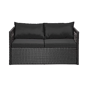 WO Outdoor Wicker Rattan Furniture 4 PCS Set Black Woven Table Chairs Set w Cushions & Back Support Pillows Coffee Table Seats 4 Black