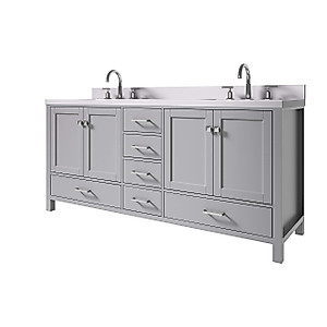 ARIEL Double Bathroom Vanity 73" Grey with 1.5" Edge Pure White Quartz Countertop & Splash, Rectangular Sinks, 4 Soft Closing Doors, 6 Full Extension Dovetail Drawers, Brushed Nickel