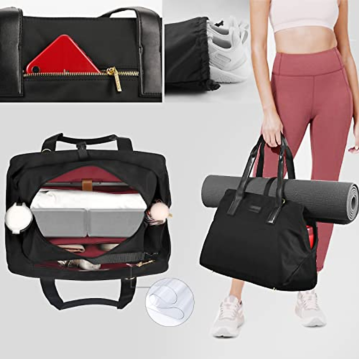 CHICECO Travel Yoga Gym Bag for Women, work tote bag,2 x Separate shoe bag,Wet Dry Storage Pockets,Carryall Sports Duffle Bag, Black(Yoga Mat Not Included)