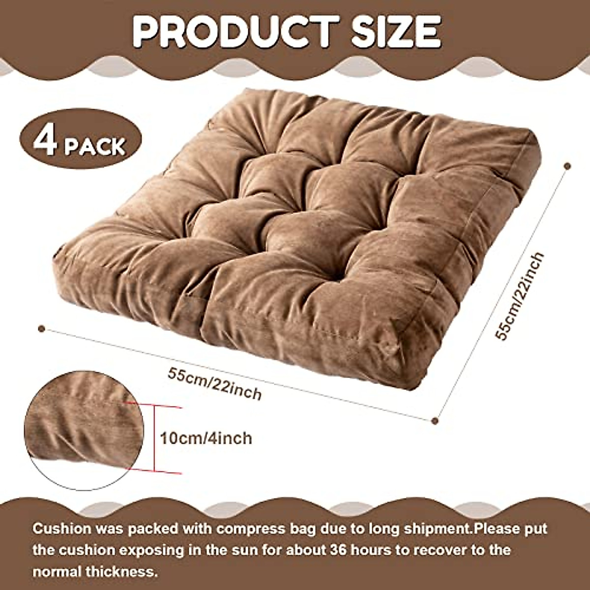 Qunclay 4 Pcs Sitting Floor Pillow 22 x 22 Inches Thicken Tufted Cushion Corduroy Floor Cushions for Adult Square Floor Seat Cushion Large Chair Pad Pillow for Yoga Living Room Balcony (Dark Brown)