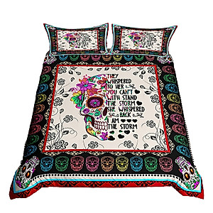 Bohemian Comforter Cover, Sugar Skull Flower Bedding Sets, Skeleton Floral Duvet Cover Set, With Inspirational Quote Pastoral Bedspreads Cover Queen Size 3 Pieces Bedroom Home Decor For Men And Women