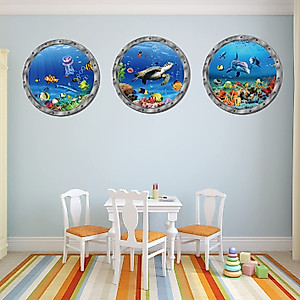 Ocean Animals World Under Sea Decor Includ Sea Turtles Dolphins Fishes 3 Pcs Removable 3D Peel and Stick Vinyl Stickers for Bathroom,Wall Decor,Wall Stickers,Bedroom,Furniture