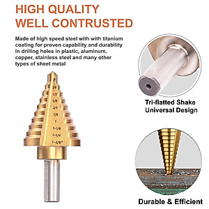 SANUKE Step Drill Bit, High Speed Steel Step bits for Metal Titanium Coated 1/4 to 1-3/8 Total 10 Step Sizes