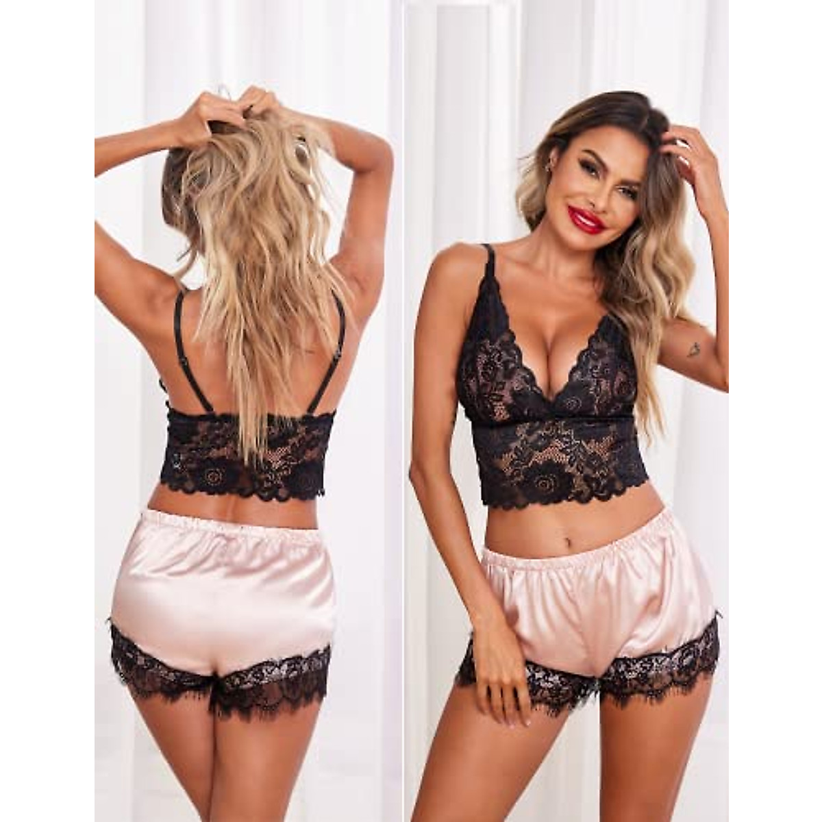 Ekouaer Sexy Pajama Set for Women 3pcs Floral Lace Trim Pjs Silk Sleepwear with Robe Lingerie Set A-pink