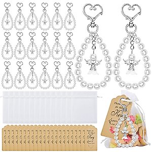 Dreamtop 20 Sets Angel Keychains Favor, Pearl Angel Keychain Gifts Bulk Guardian Angel Pendant Keychain with Thank You Tags Organza Bag for Wedding Baby Shower Baptism Party Favors for Guest