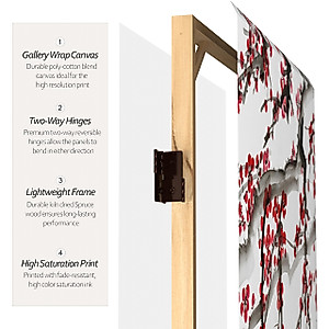Red Lantern 2 ft. Short Double Sided Plum Blossom Canvas Folding Screen 3 Panel Freestanding Partition and Separator for Modern and Contemporary Bedroom, Home Office, Studio, Dorm, Apartment