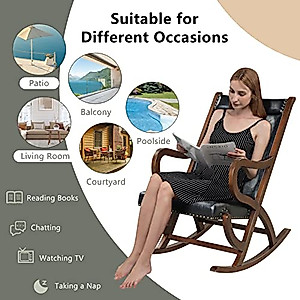 TUOCHUFUN Rocking Chair with Rubber Wood Frame, Anti-Tipping Design, Modern Rocking Chair with PU Cushion for Outdoor Garden,Living Room (Black)