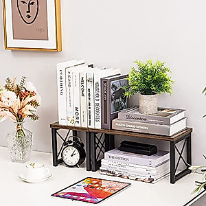 Honiter Wood Desktop Shelf, Freestanding Small Bookshelf Desk Supplies Organizers, 2 Tier Independent Stackable Desk Organizer, Desktop Organizer Office Storage Rack Adjustable Wood Display Shelf