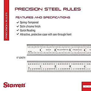 Starrett Spring Tempered Steel Rules with Satin Chrome Finish, Quick Reading and Inch Graduations - 6" Length, 16R Graduation Type, 3/64" Thickness - C616R-6