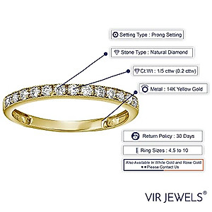 VIR JEWELS 1/5 carat (ctw) Diamond Wedding Anniversary Band for Women, Half Eternity Round Diamond Engagement Ring 14K Yellow Gold Prong Set with Milgrain 0.20 cttw, Size 10