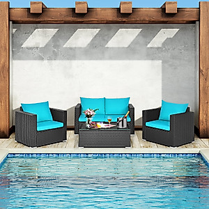 Tangkula 4 Piece Patio Rattan Conversation Furniture Set, Outdoor Wicker Sofa Set with Padded Cushion & Tempered Glass Coffee Table, Wicker Sectional Sofas and Table for Courtyard (1, Turquoise)