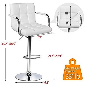Yaheetech Tall Bar Stools Set of 2 Modern Square PU Leather Adjustable BarStools Counter Height Stools with Arms and Back Bar Chairs 360 Swivel Stool White