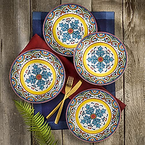 Euro Ceramica Zanzibar Double Bowl 16-Piece Dinnerware Set | Fine Kitchenware | Floral Multicolor Design Stoneware Tableware Service For 4