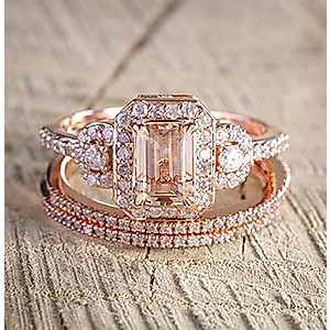 2PCS Gorgeous 18K Rose Gold Plated Morganite Ring Engagement Bridal Women Jewelry Set Morganite White Topaz Ring Set Women Bridal Wedding (6)