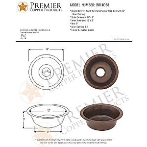 Premier Copper Products BR14DB3 14-Inch Universal Round Hammered Copper Sink with 3.5-Inch Drain Size, Oil Rubbed Bronze