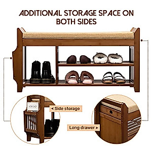 ALIMORDEN Shoe Storage Bench with Cushion Hidden Drawer and Side Holder Shoe Rack for Entryway Small Space 2-Tier Bamboo Boot Organizer Rack Cabinet Bench with Storage Brown