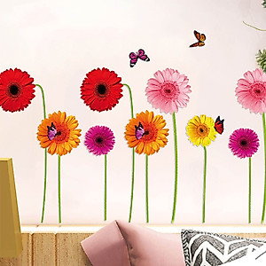 Maydahui 2 Sheets Gerbera Daisy Flowers Wall Decal 3D Floral Butterfly Wall Stickers (30*37 Inch) Peel & Stick Removable Modern Art Mural Decor for Kitchen Kids Bedroom Living Room(
