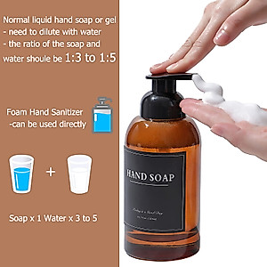 rejomiik 2 Pack Foaming Soap Dispenser Thick Glass Foam Hand Soap Dispenser for Bathroom or Kitchen Sink, 13 oz Pump Bottles for Hand soap, Body Wash, Clear Amber