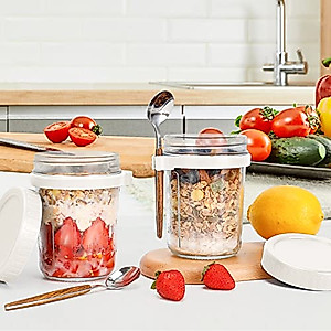 Overnight Oats Jars with Spoon and Lid 16 oz [2 Pack], Airtight Oatmeal Container with Measurement Marks, Mason Jars with Lid for Cereal On The Go Container (2pcs white)