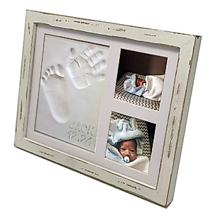 Baby Mushroom Farmhouse Baby Hand & Footprint Picture Frame Keepsake Kit - Rustic 9" x 11" Distressed Wood Frame, Clay, & Stencil for Newborns, New Mom, Registry Gift