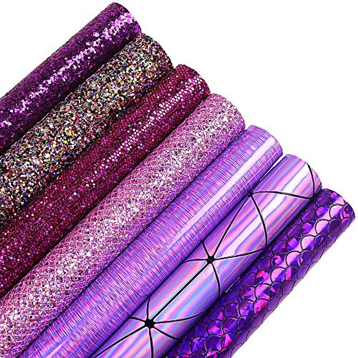 Yuanchuan 7Pcs/Set 8.3" x 12"(21cm x 30cm) A4 Bundle Leather Sheets Mixed Purple Series Holographic Sparkle Fine Chunky Glitter Faux Leather Fabric Bow Earrings Making DIY Craft (Purple Series)
