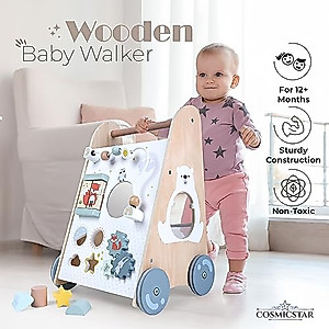 Cosmicstar Wooden Baby Walker - 6 in 1 Activity Cube Walkers for Babies, Toys Roll Cart Baby Activity Walkers for Boys and Girls or Motor Skills, Cognitive Thinking and Hand-Eye Coordination