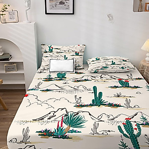 Cactus Sheets Full Size, Desert Landscape Bed Sheets, Patterned Bedding Sheets & Pillowcases 4 Piece Set - Soft Microfiber Deep Pocket Fitted Sheet & Flat Sheet & 2 Pillow Cases S3-&-184
