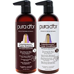 PURA D'OR Purple Shampoo & Conditioner (16oz x 2) ColorHarmony Biotin Set For Bleached, Blonde, Silver & Color Treated Hair - Keratin, Bamboo Fiber, No Sulfates - Men & Women