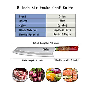 Orlan Kiritsuke Chef Knife - 8 inch - Professional Kitchen Knife - Hand Forged 67 Layers - Japanese 440C Stainless Steel - Damascus Blade - with Sheath & Case - DarkRed