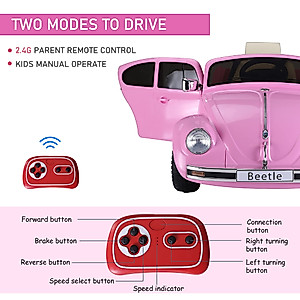 Aosom Licensed Volkswagen Beetle Electric Kids Ride-On Car 6V Battery Powered Toy with Remote Control Music Horn Lights MP3 for 3-6 Years Old Pink