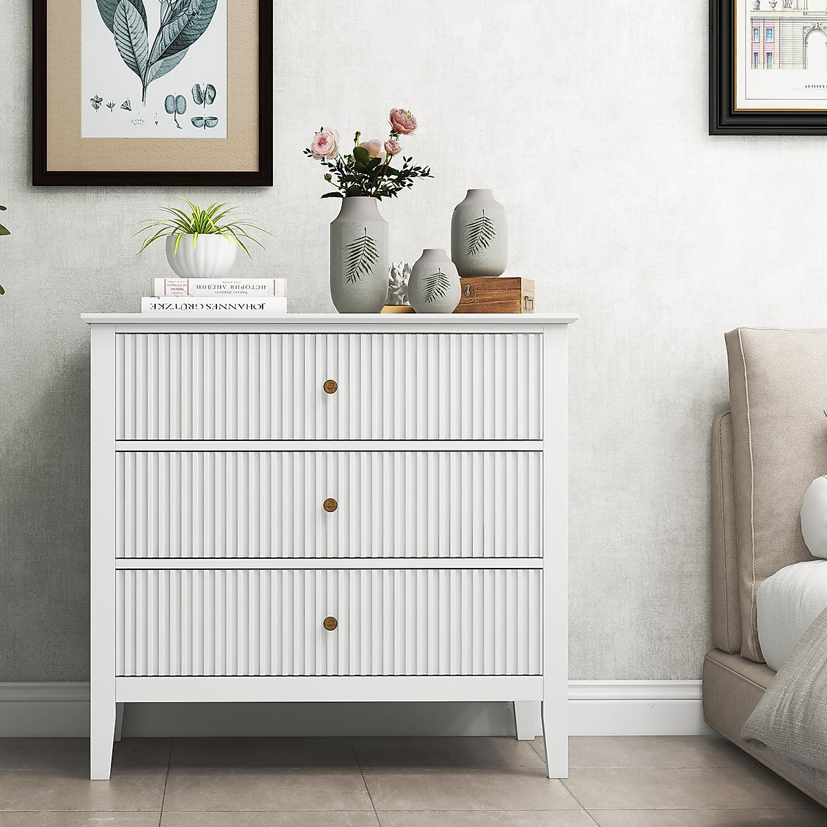 RoyalCraft White Fluted 3 Drawer Dresser for Bedroom, Wide Chest of Drawers for Closet, Modern Wood Dresser Wide Nightstand Cabinet for Living Room