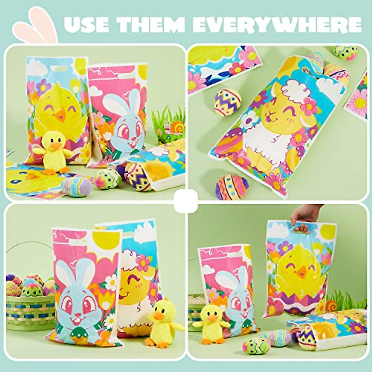 JOYIN 72 Pcs Easter Large Plastic Tote Bags, Easter Goodie Treat Gift Bags for Egg Hunt, Easter Kids Party Favor Party Supplies(Animals and Flowers)