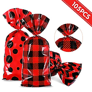 120 Pieces Christmas Cello Candy Bags Buffalo Polka Dot Stripes Prints Plastic Goodie Treat Favor Bags with 200 Twist Ties for Winter Holiday Birthday Baby Shower Party Supplies (Red, Black)