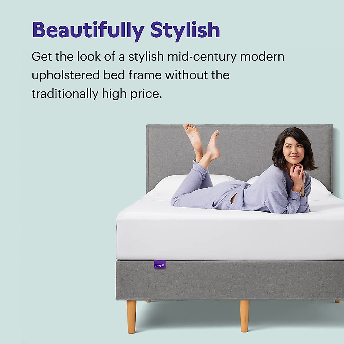Purple Bed Frame – Charcoal, Cal King, Durable Platform, Easy Assembly, Upholstered with Tapered Wooden Legs, Stylish and Strong