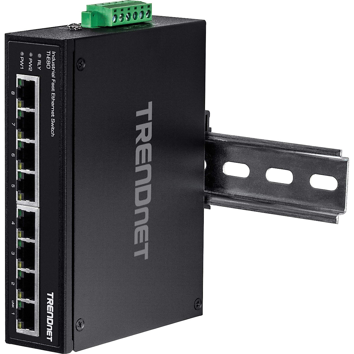 TRENDnet 8-Port Industrial Unmanaged Fast Ethernet DIN-Rail Switch, TI-E80 8 x Fast Ethernet Ports, 1.6Gbps Switching Capacity, IP30 Metal Switch, Lifetime Protection, Black