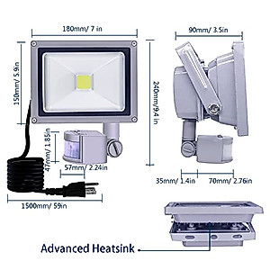 HANNAHONG 20W LED Motion Sensor Flood Light Plug in,PIR Induction Lamp,Dusk to Dawn Outdoor Auto ON/Off Spot,Security,Work Light,6500K Daylight,IP66 Waterproof,for Garage Yard Patio Porch Lighting