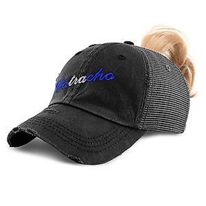 Speedy Pros Womens Ponytail Cap Catracho Honduras Embroidery Cotton Messy Bun Distressed Trucker Hats Strap Closure Black Design Only