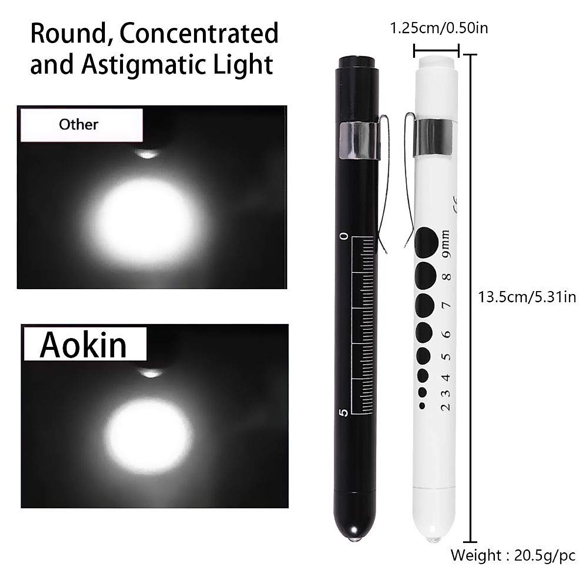 Aokin Pen Light with Pupil Gauge, Reusable LED Penlight Medical for Doctor Nurse Diagnostic etc, White Light, Black and White