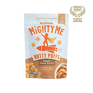 Mission Mighty Me Nutty Puffs Peanut Butter Puffs for Babies + Kids - Pediatrician Developed - USDA Organic, Plant-Based Protein, Gluten-Free Puffs Baby Snack - Peanut Flavor (1.5oz, 5-Pack)